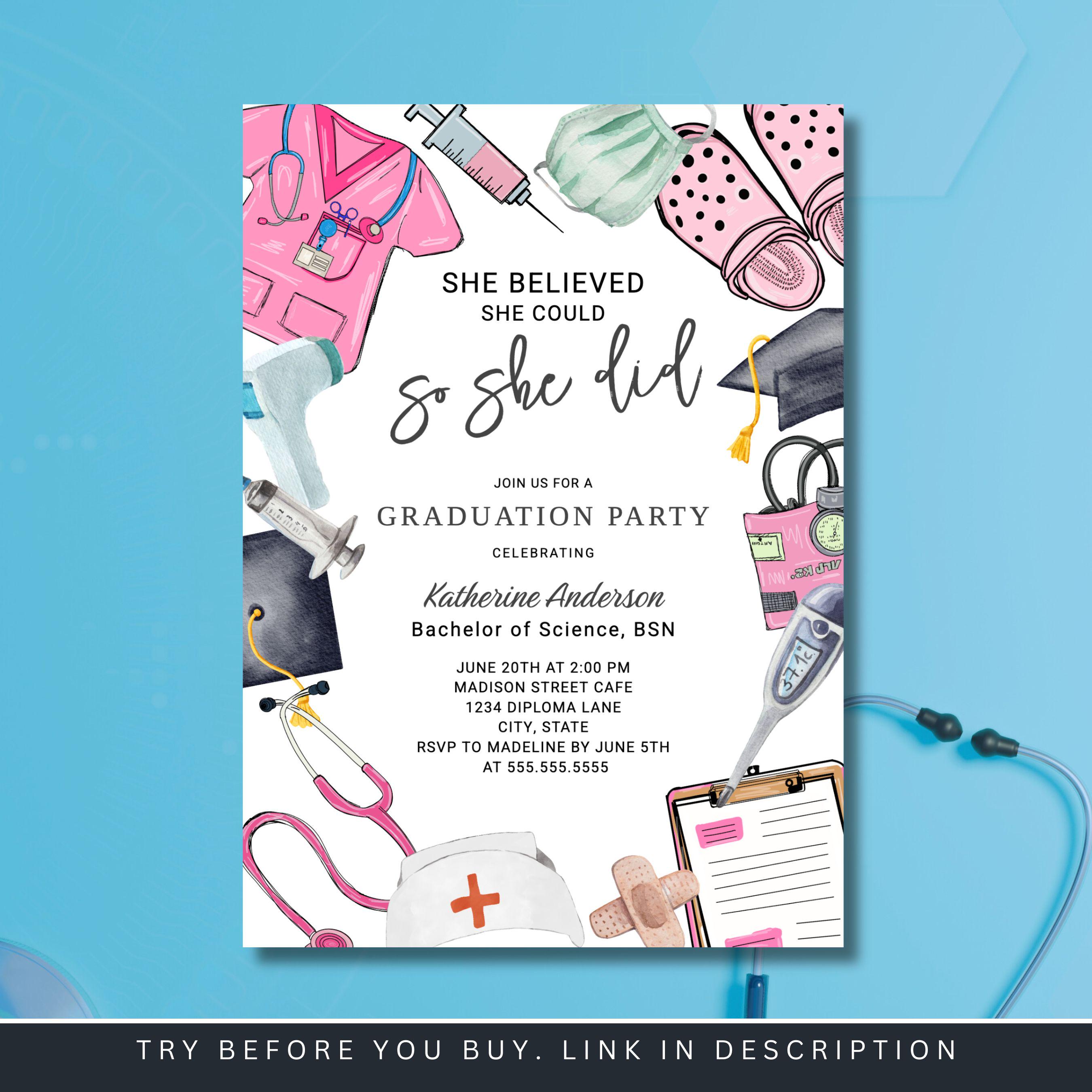 She Believed Nurse Graduation Invitation, RN BSN Nursing School ...