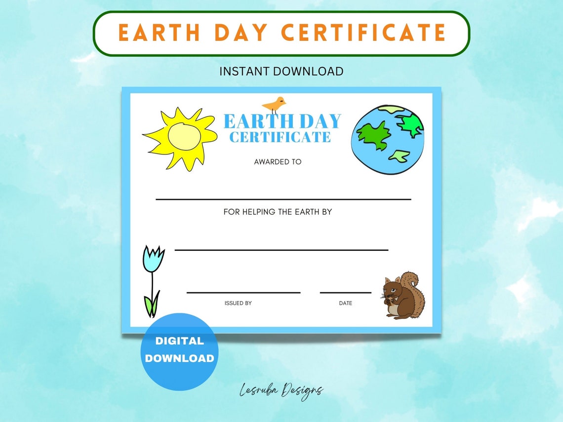 Earth Day Certificate Instant Download Printable, Kids Earth Day ...