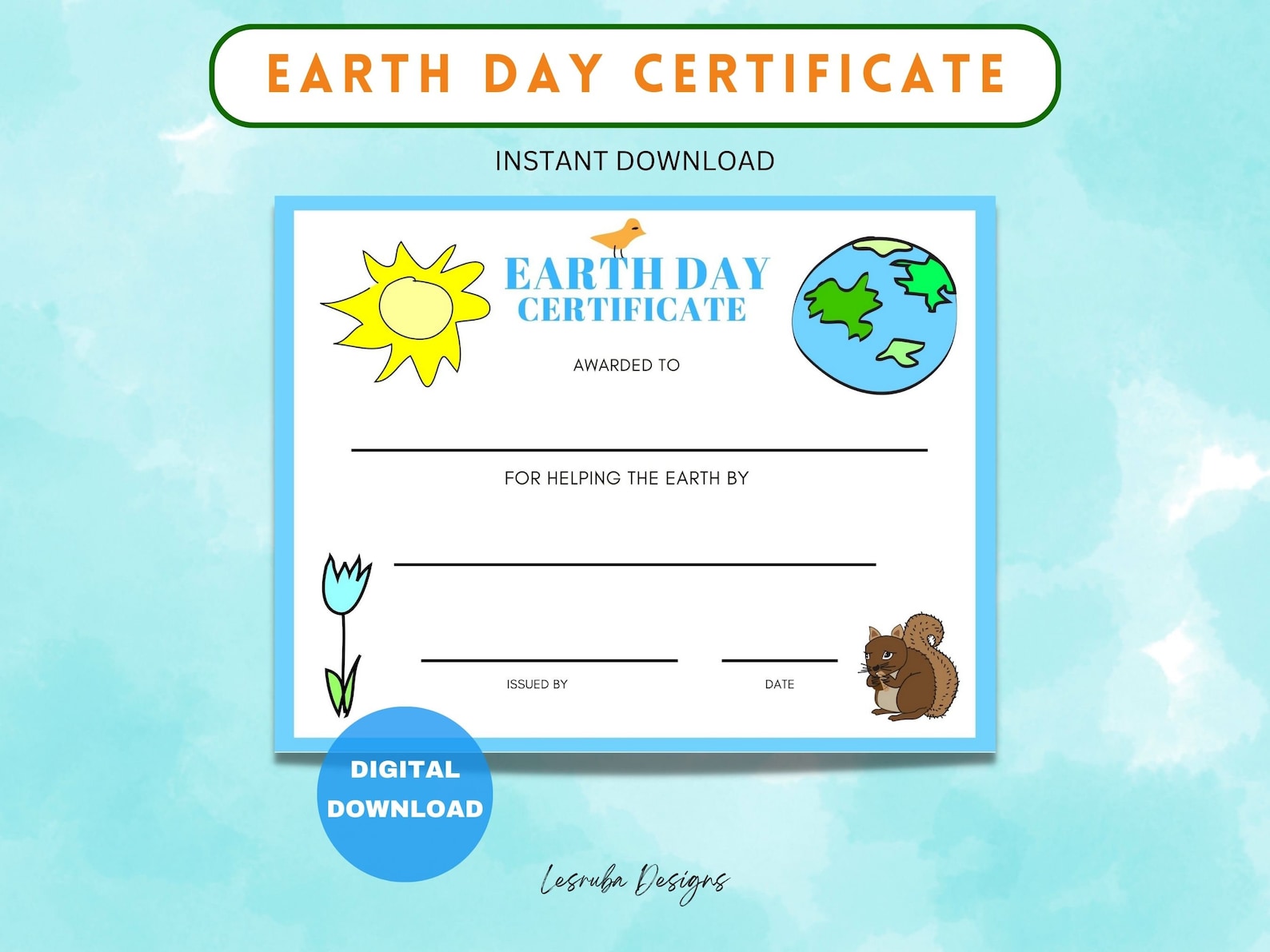 Earth Day Certificate Instant Download Printable, Kids Earth Day ...