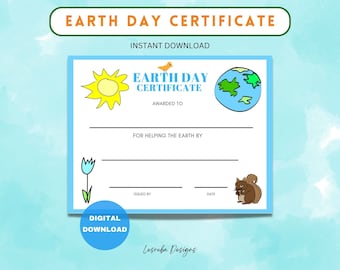 Kids Earth Day Certificate Printable, Kids Earth Day Certificate for ...