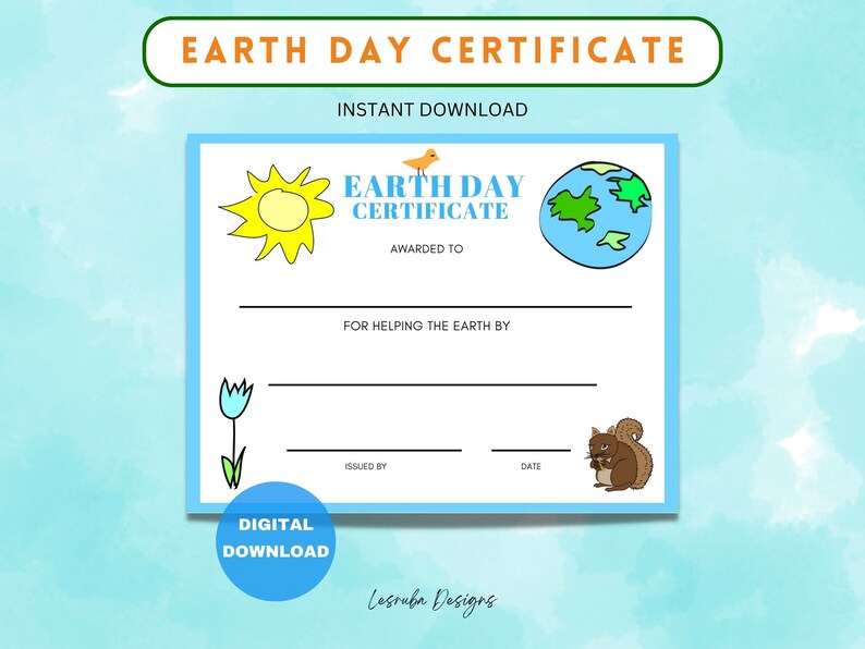 Earth Day Certificate Instant Download Printable, Kids Earth Day ...
