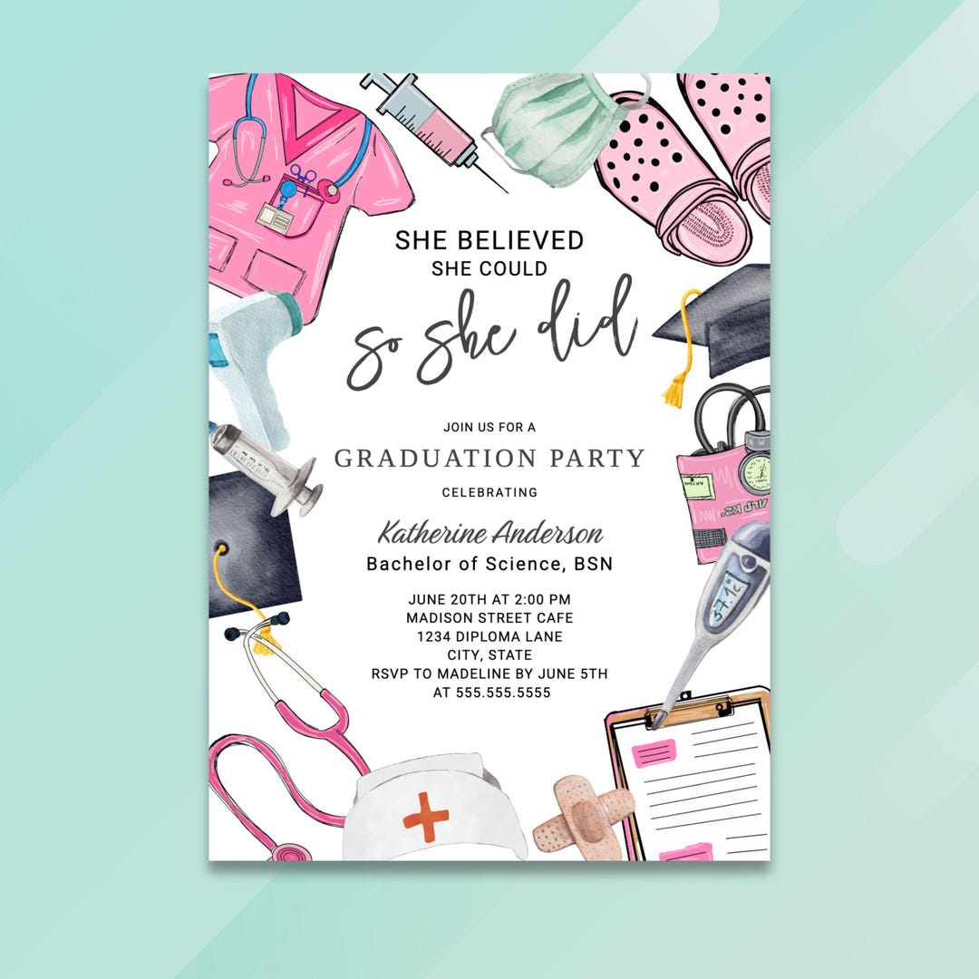 She Believed Nurse Graduation Invitation, RN BSN Nursing School ...