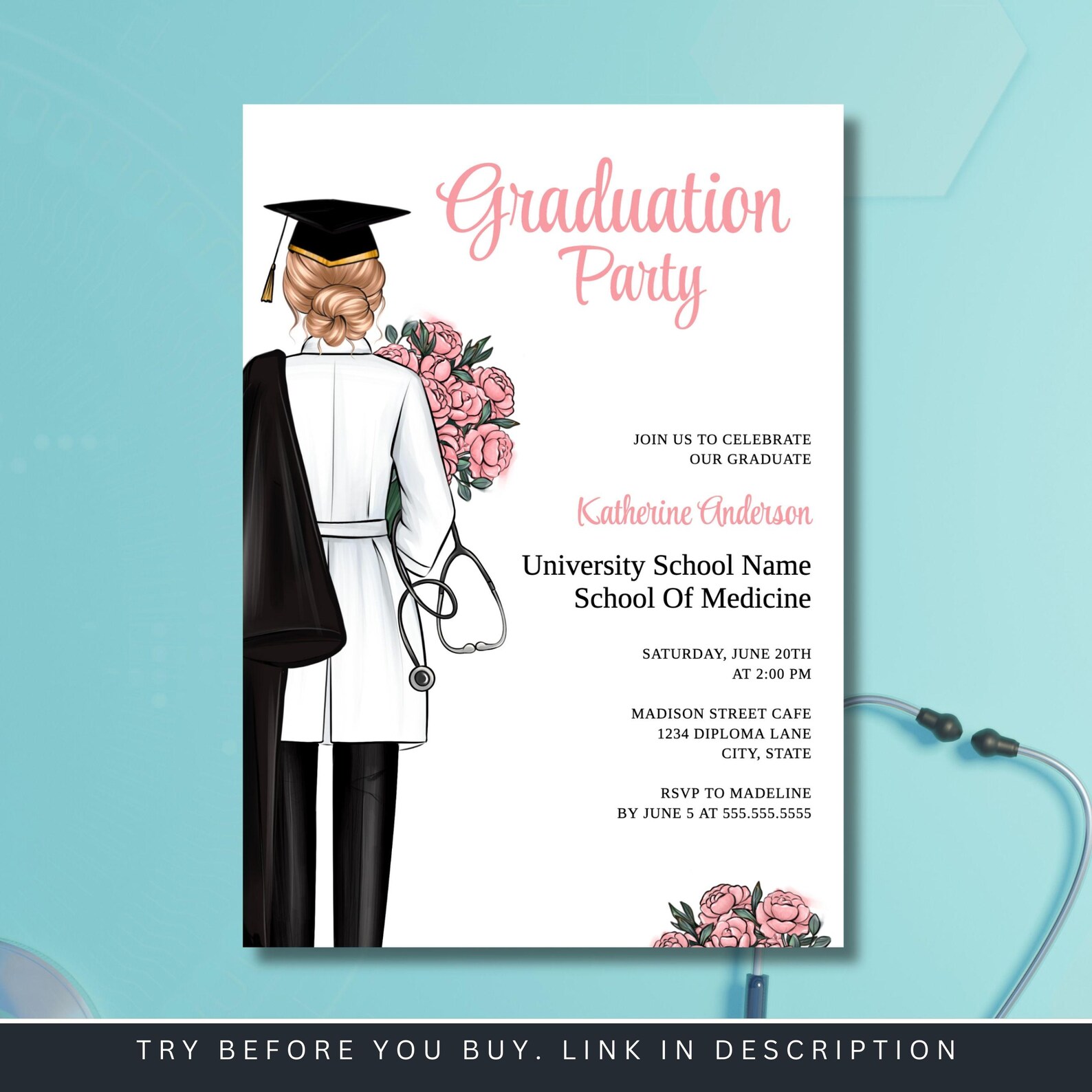 Medical School Graduation Invitation, Doctor of Medicine MD Graduation ...