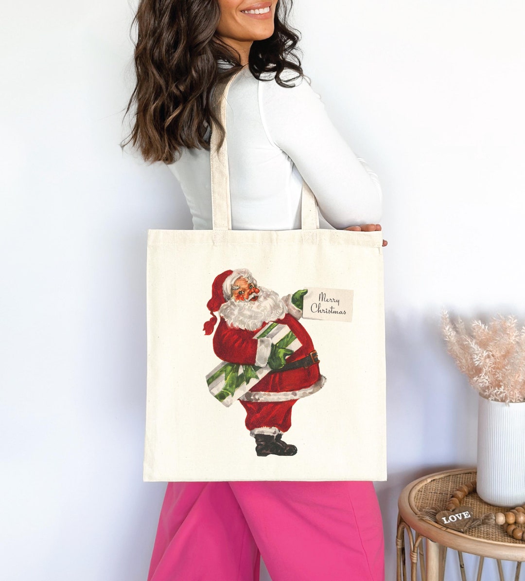 Santa's Tote Bag, Santa Tote Bag, Canvas Tote Bag, Christmas Shopping ...