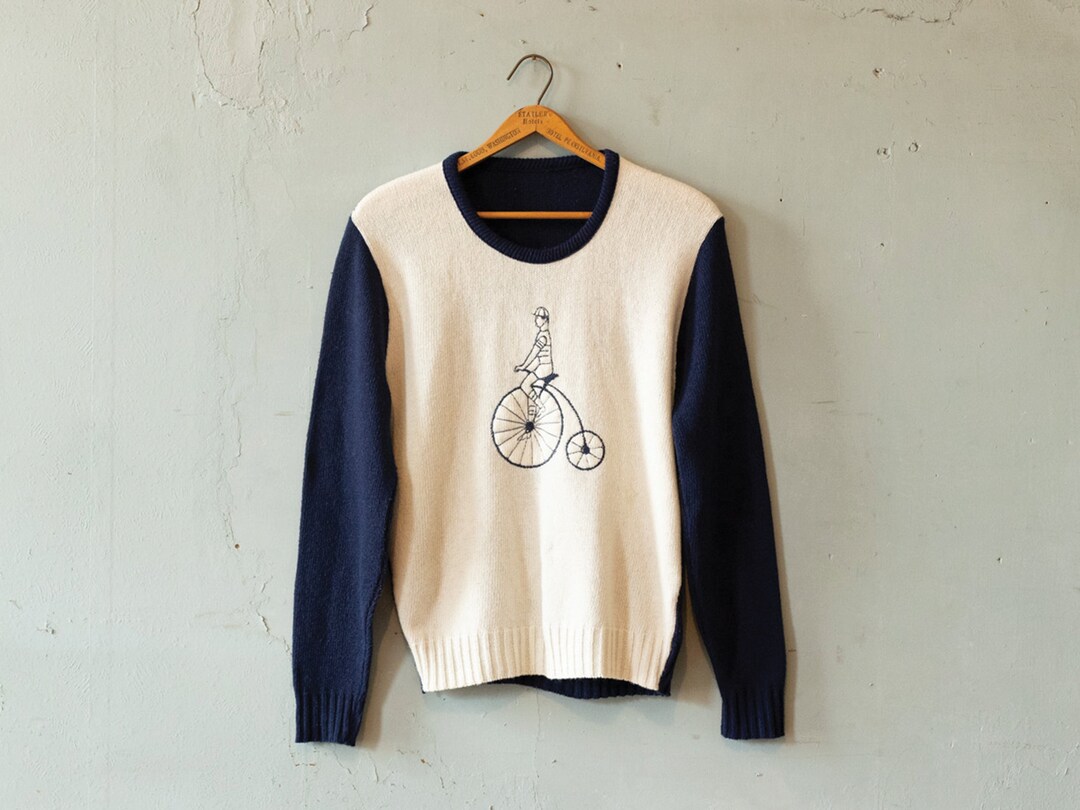 70s Vintage Blue & White High Wheel Bicycle Sweater - Etsy
