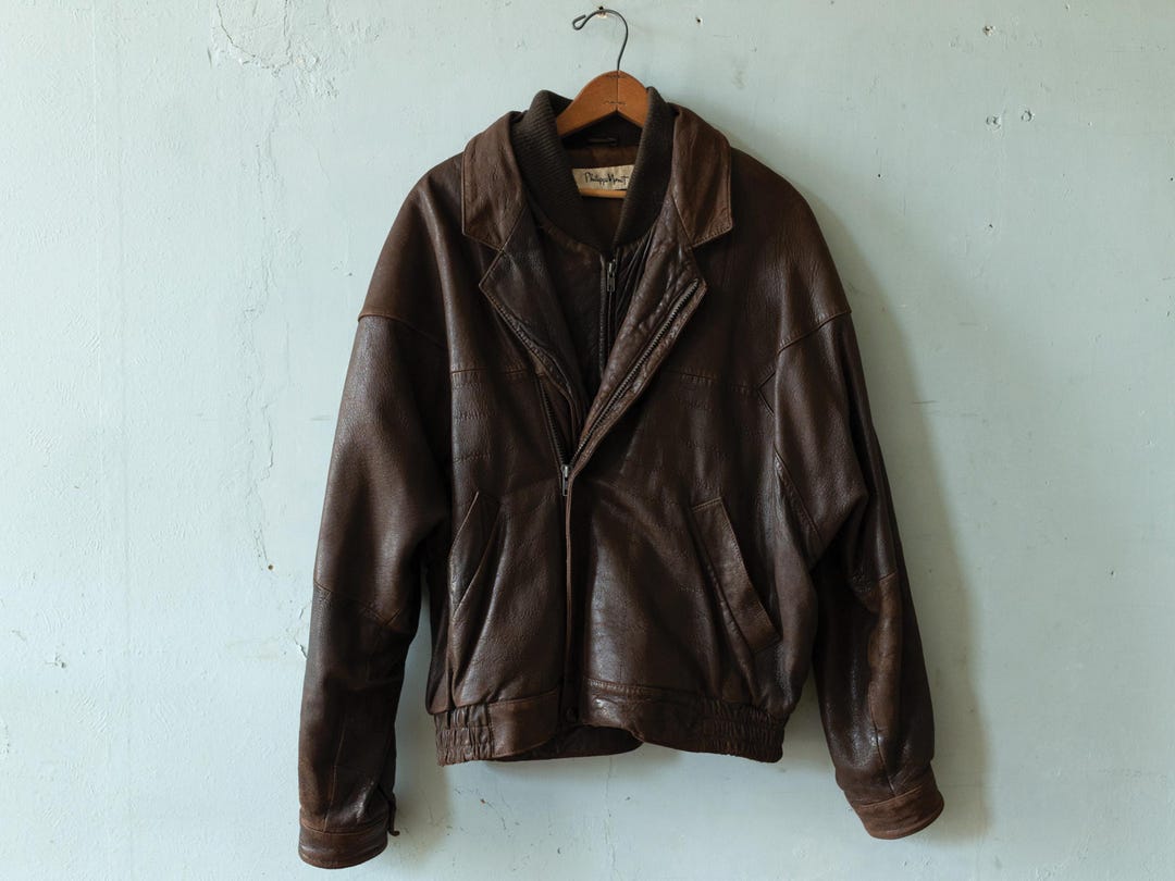 90s Vintage Philippe Monet Asymmetrical Chocolate Brown Leather Bomber ...