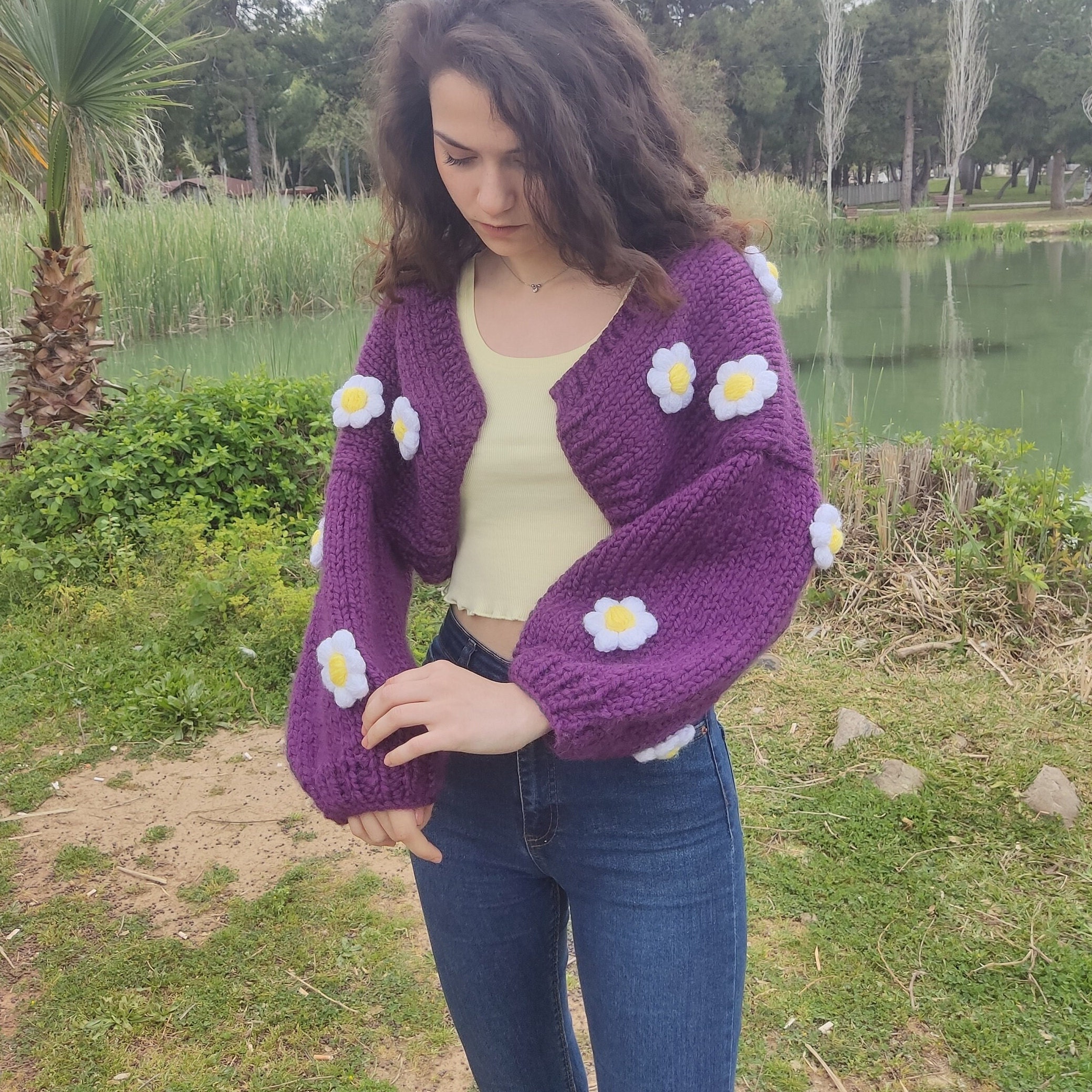 Daisy Flowers Embroidered Women Cardigan Hand Knitted Floral Sweater ...
