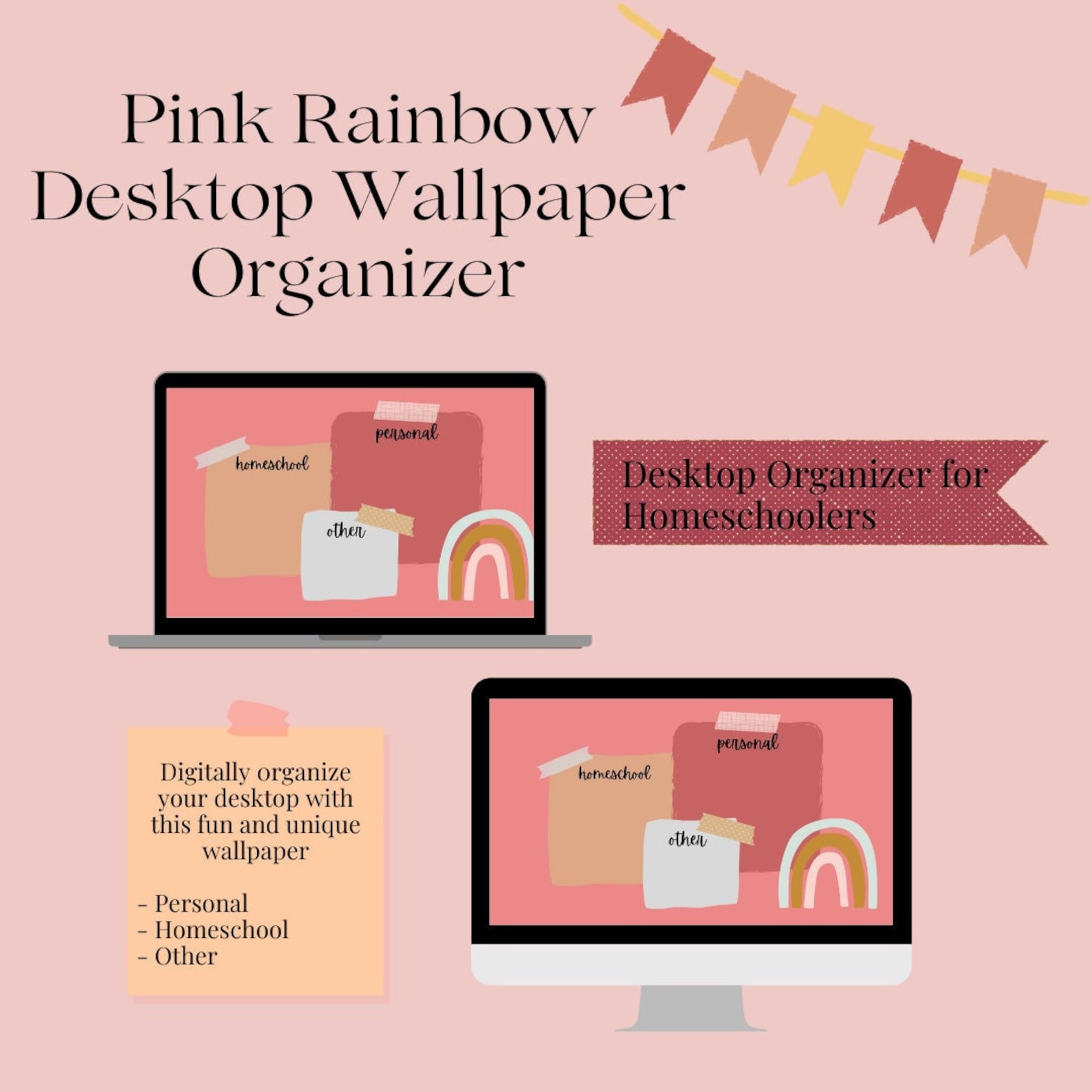 Pink Rainbow Desktop Wallpaper Organizer for Homeschool, Mac Windows ...