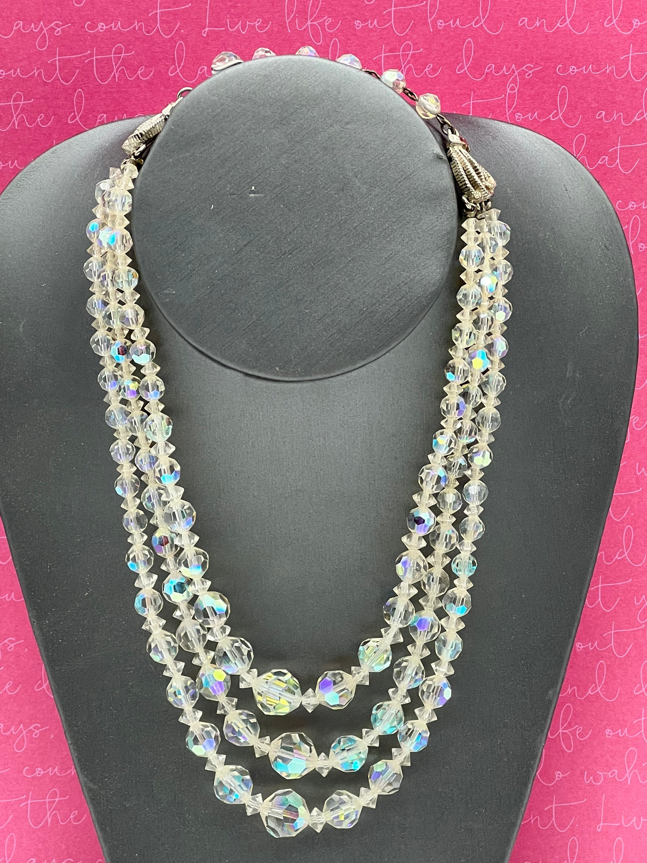 Vintage Triple Strand Faceted AB Crystal Beaded Necklace - Etsy