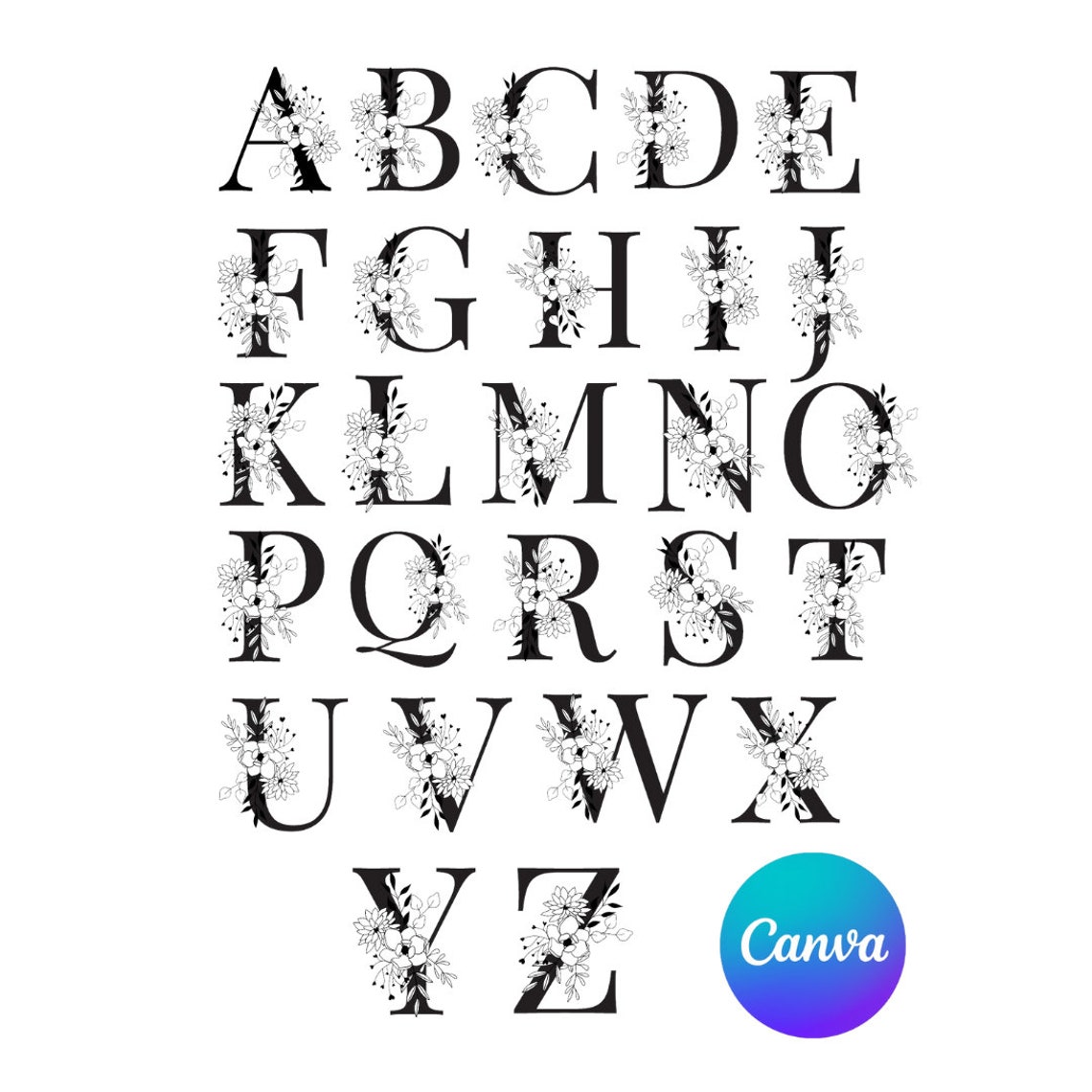 Canva Floral Alphabet Coloring Printable, Canva, Floral Coloring Book ...