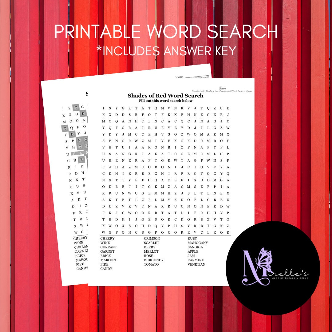 Shades of Red Word Search Printable, Digital Printable, Download PDF ...