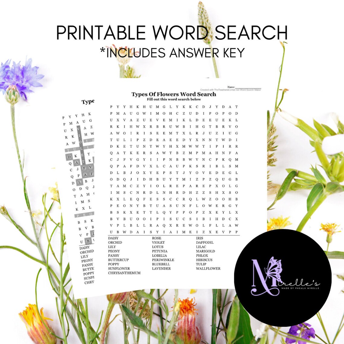 Types of Flowers Word Search Printable, Digital Printable, Download PDF ...