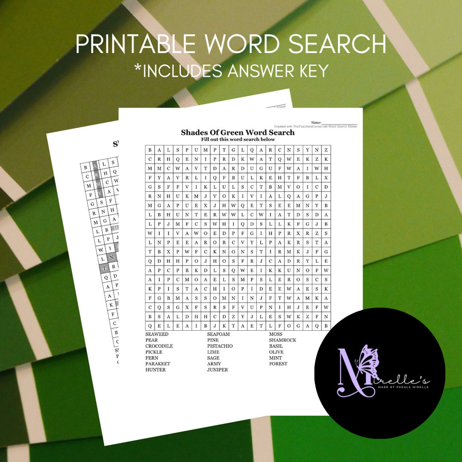 Shades of Green Word Search Printable, Digital Printable, Download PDF ...