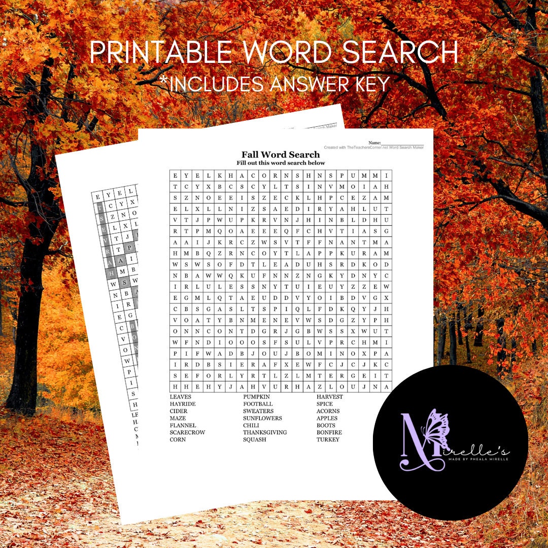 Fall Word Search Printable, Digital Printable, Download PDF, Fall Word ...