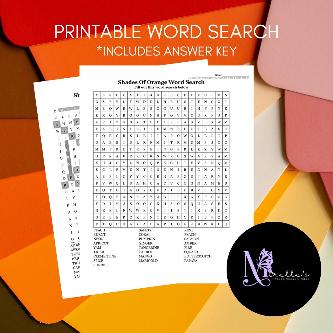 Shades of Orange Word Search Printable, Digital Printable, Download PDF ...