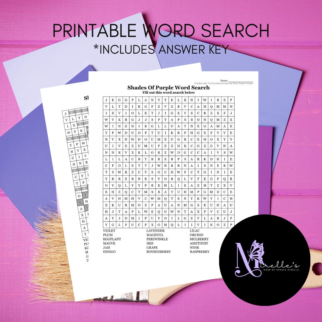 Shades of Purple Word Search Printable, Digital Printable, Download PDF ...