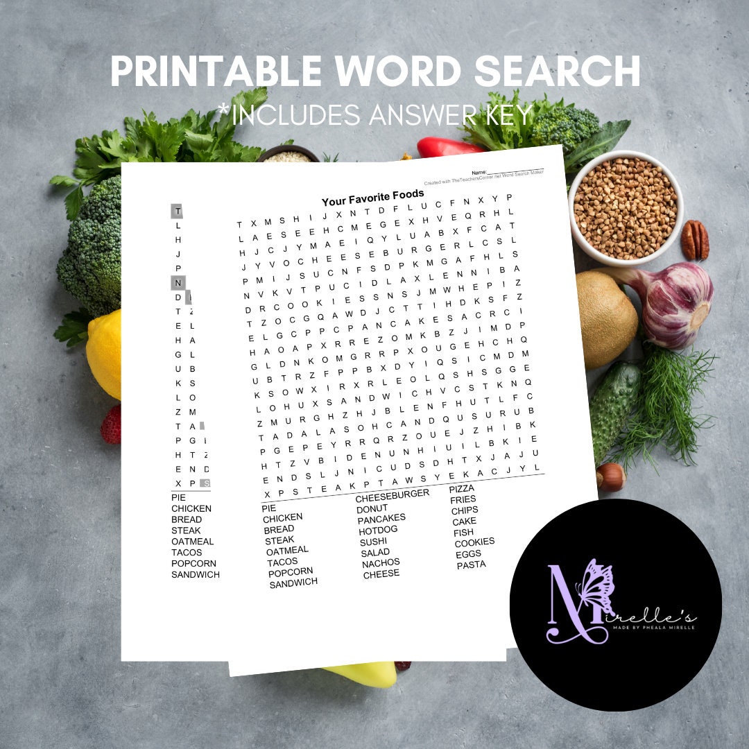 Favorite Foods Printable Word Search, Crossword Puzzle, Word Search ...