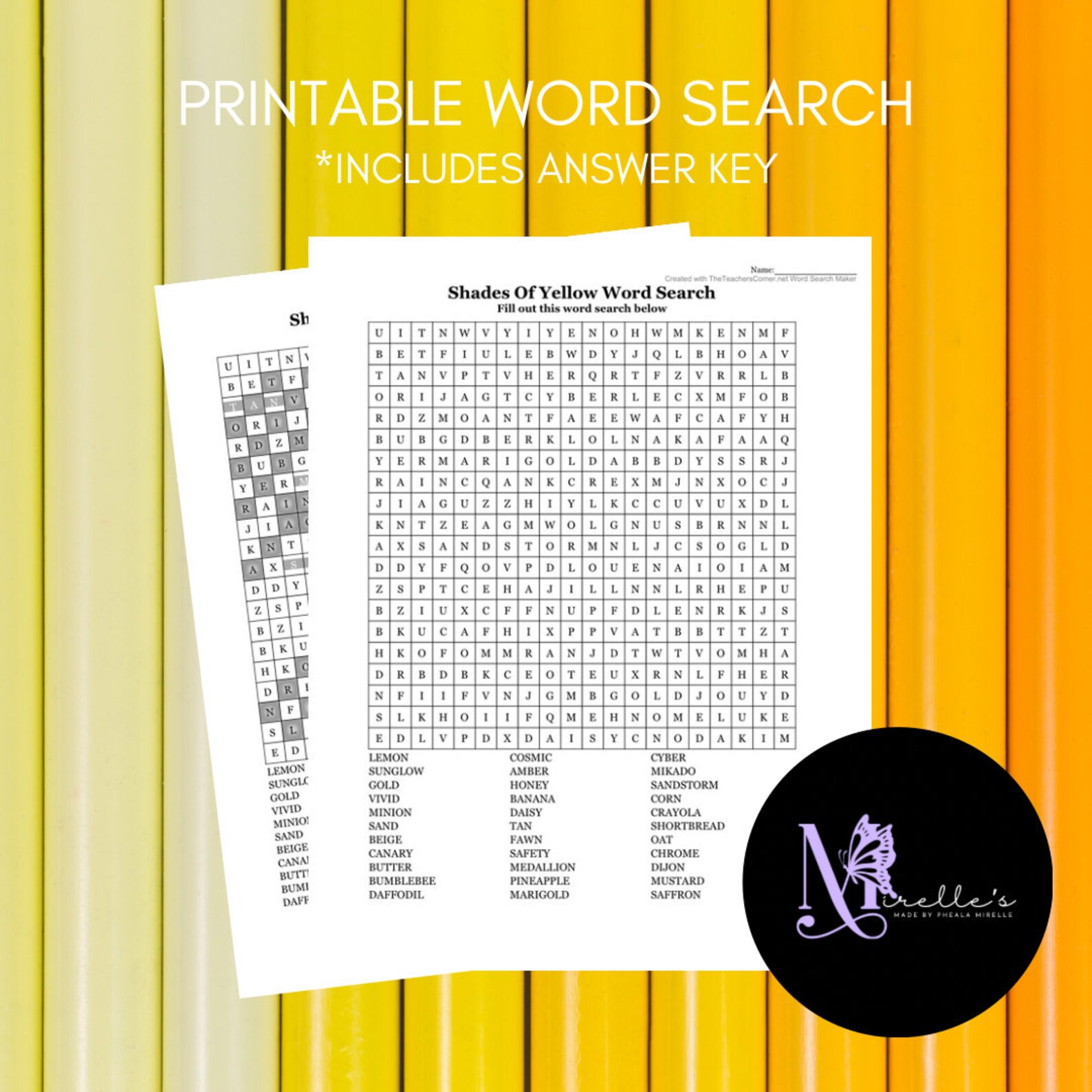 Shades of Yellow Word Search Printable, Digital Printable, Download PDF ...