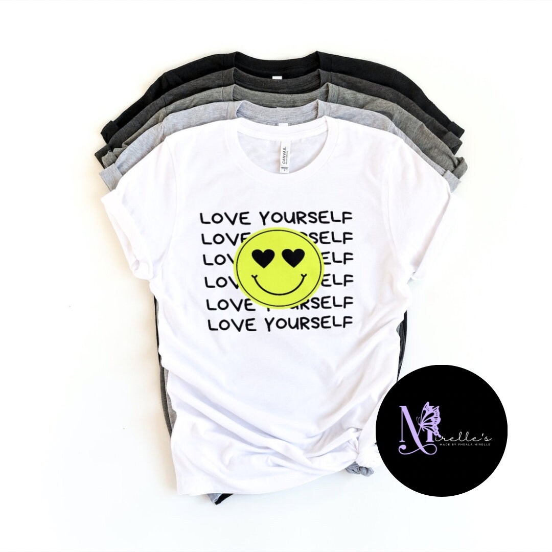 Love Yourself Tee, Neon Green Smiley Face, Self Care Shirt, Motivational Shirt, Love Yourself T ...