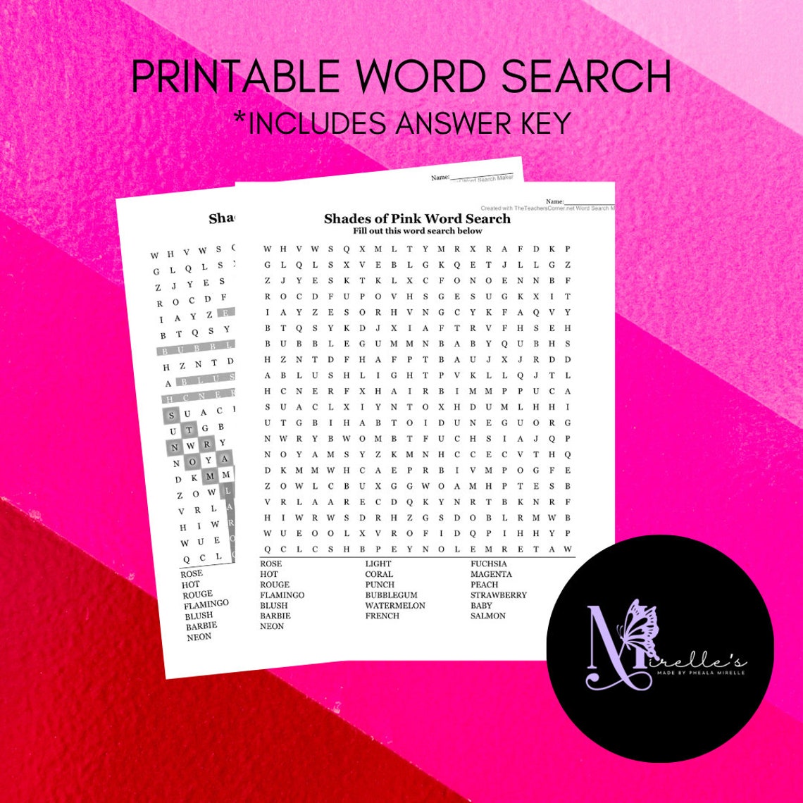Shades of Pink Word Search Printable, Digital Printable, Download PDF ...
