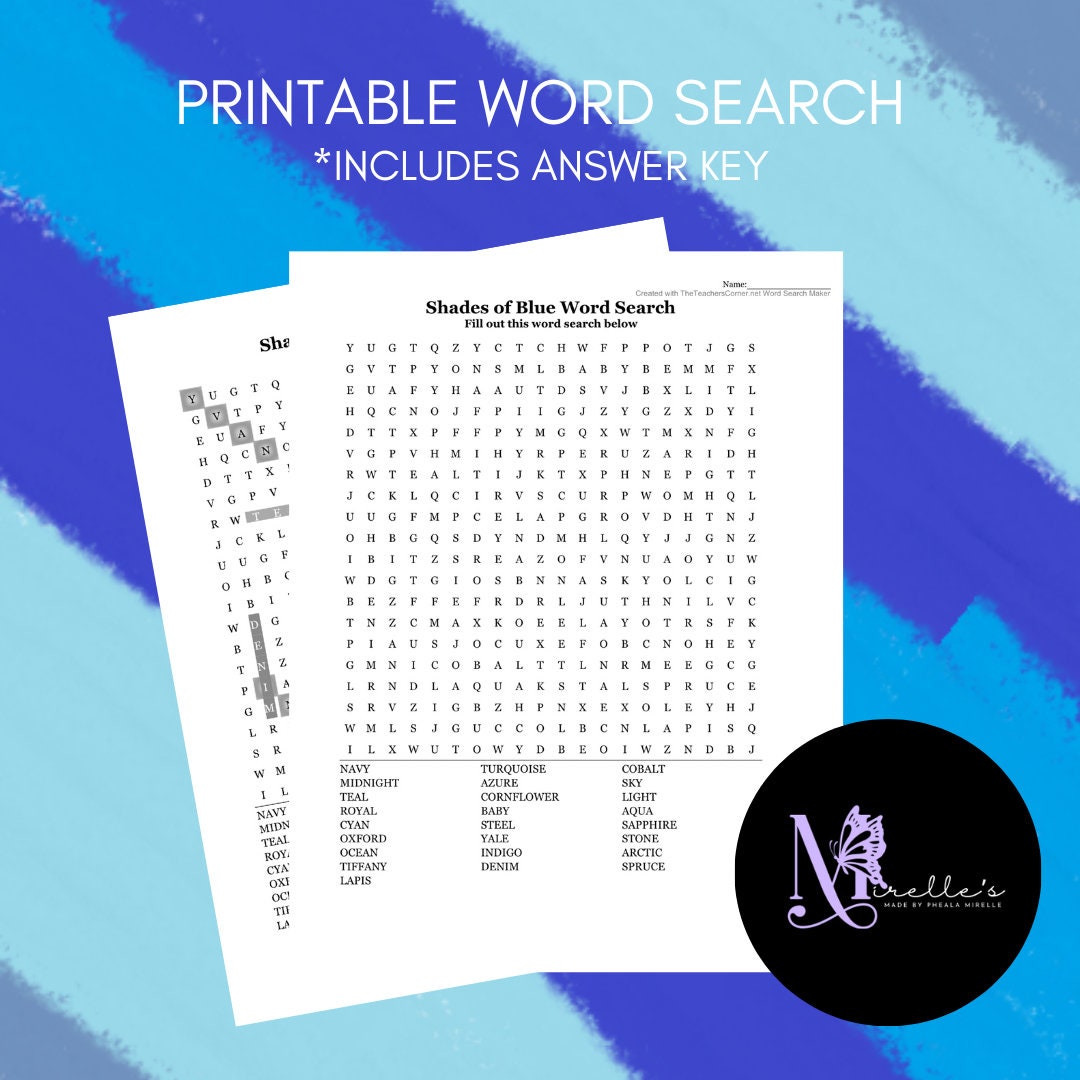 Shades of Blue Word Search Printable, Digital Printable, Download PDF ...