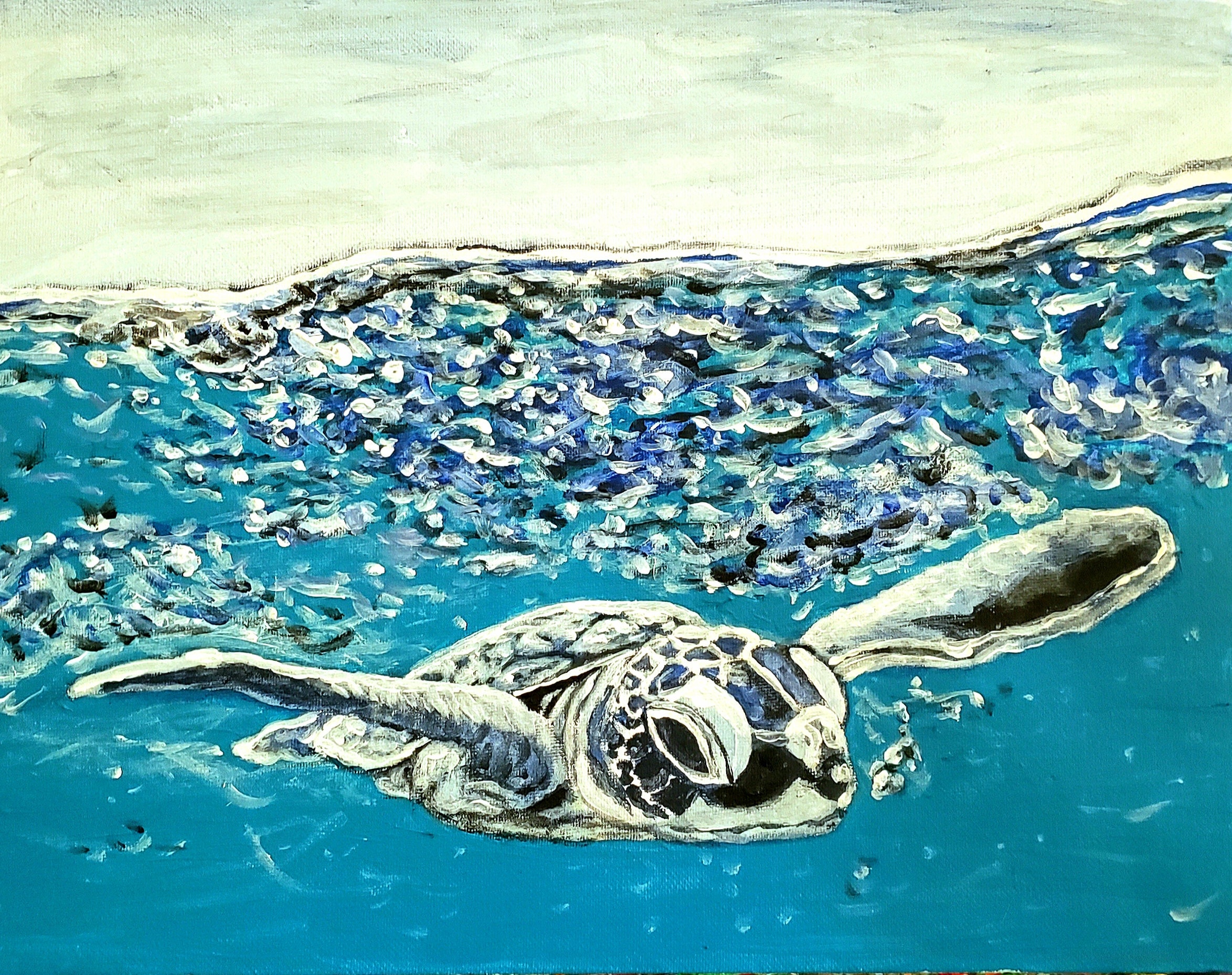Sea Turtle Swimming in the Ocean. Original Painting. Acrylic Art 14x11 ...