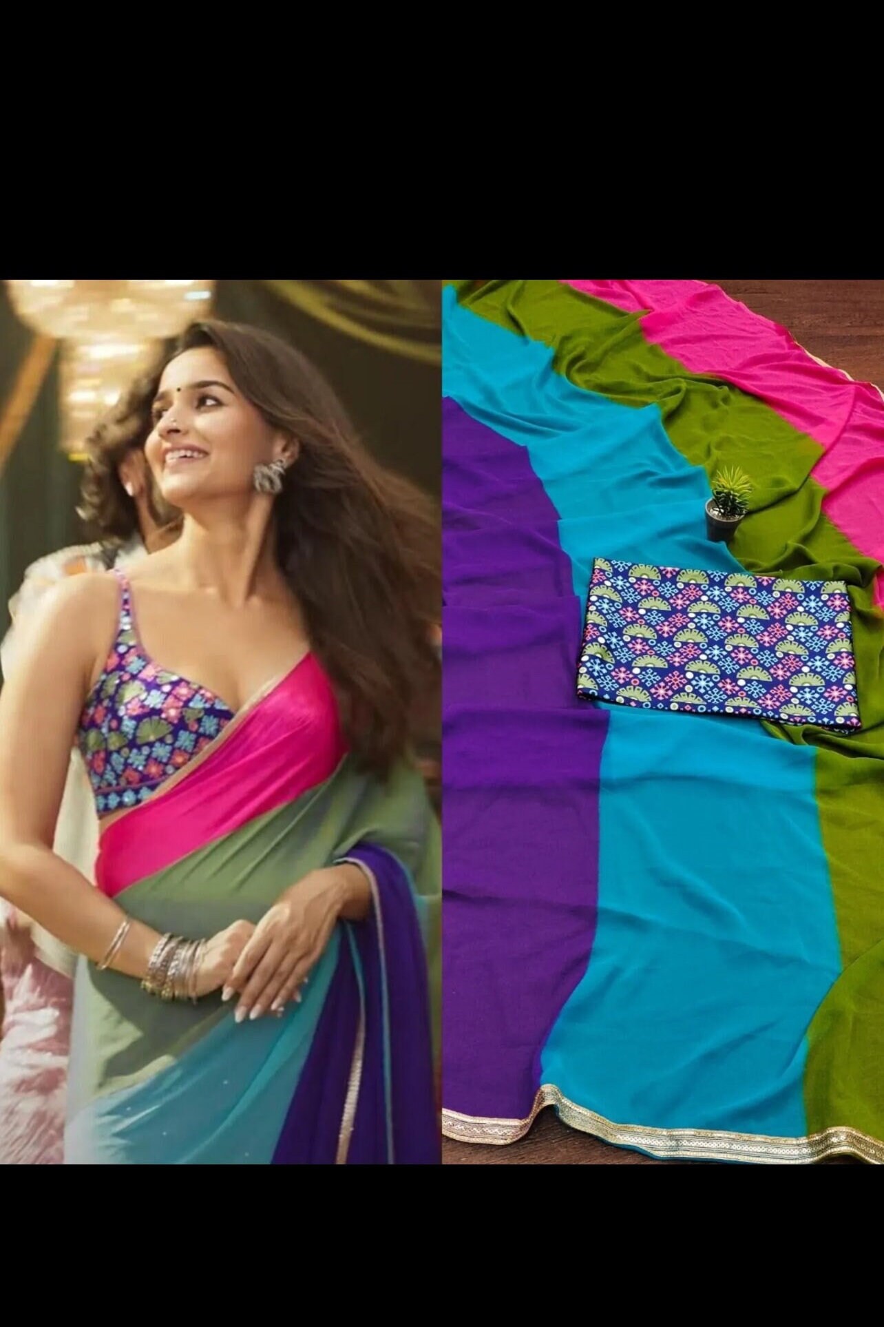Alia Bhatt Inspired Viral Multicolor Georgette Saree, Jhumka Gira Re ...