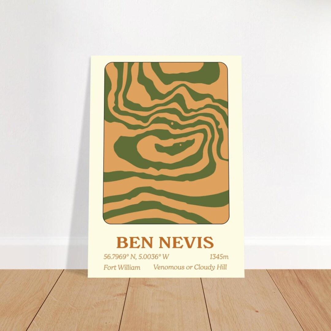 BEN NEVIS Simple Munro Print Scottish Munros UK Mountains Contour Lines ...