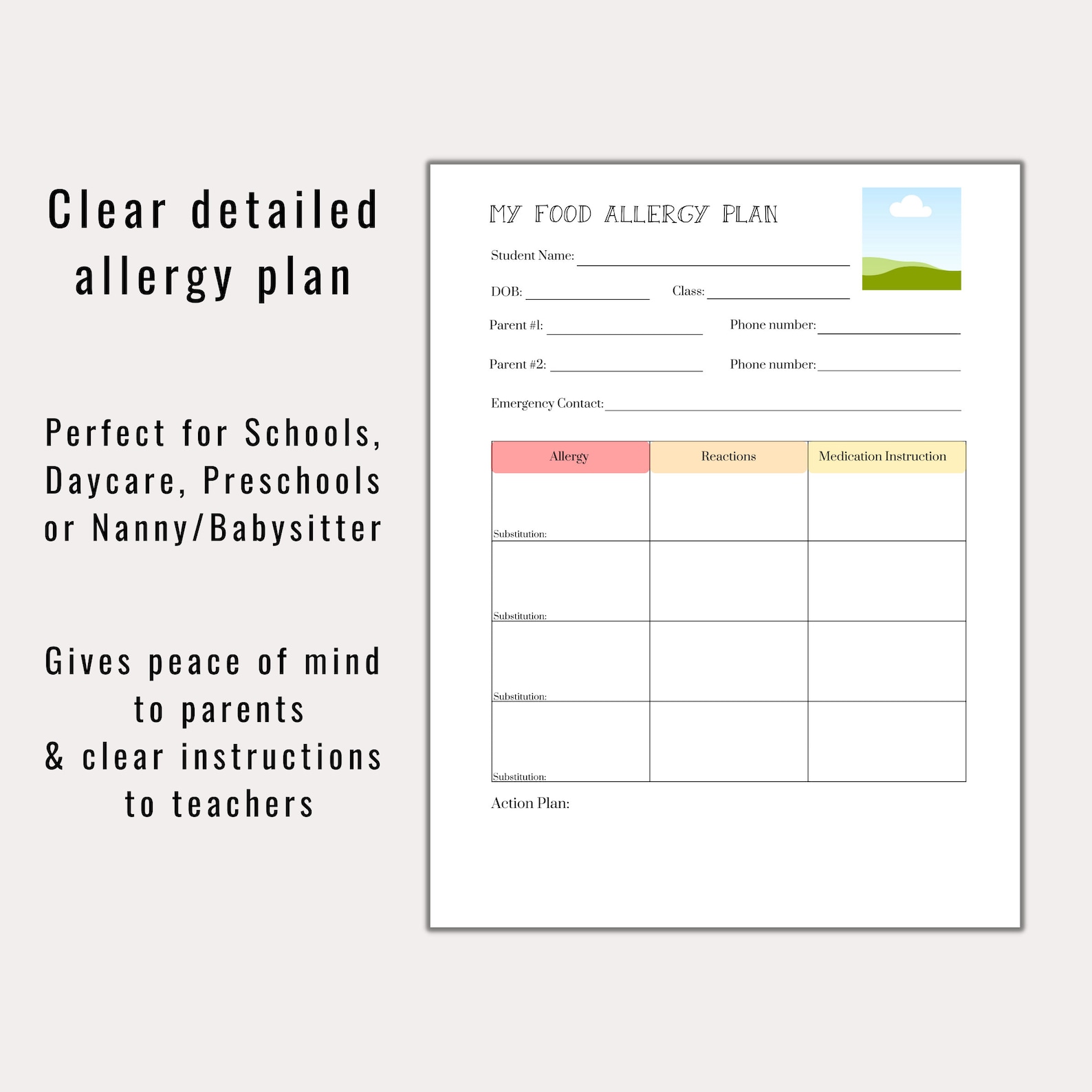 Food Allergy Tracker Form Printable Food Allergy School Checklist Food ...