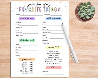 A Few of My Favorite Things Questionnaire | Favorite Things Survey | Co ...
