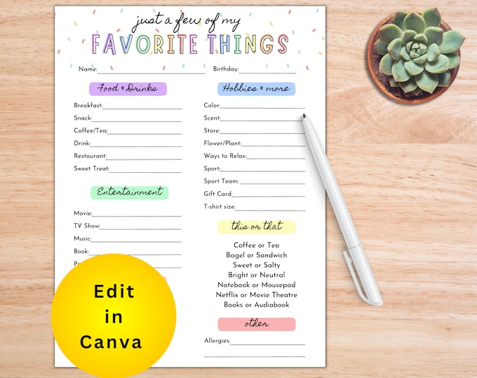 Printable Favorite Things Form - Etsy