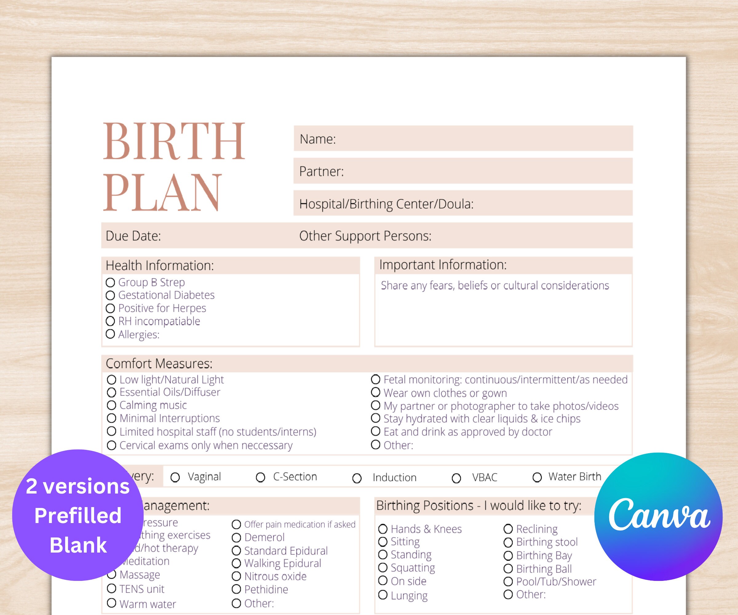 Printable Birth Plan Template | Editable Birth Preference Blank ...