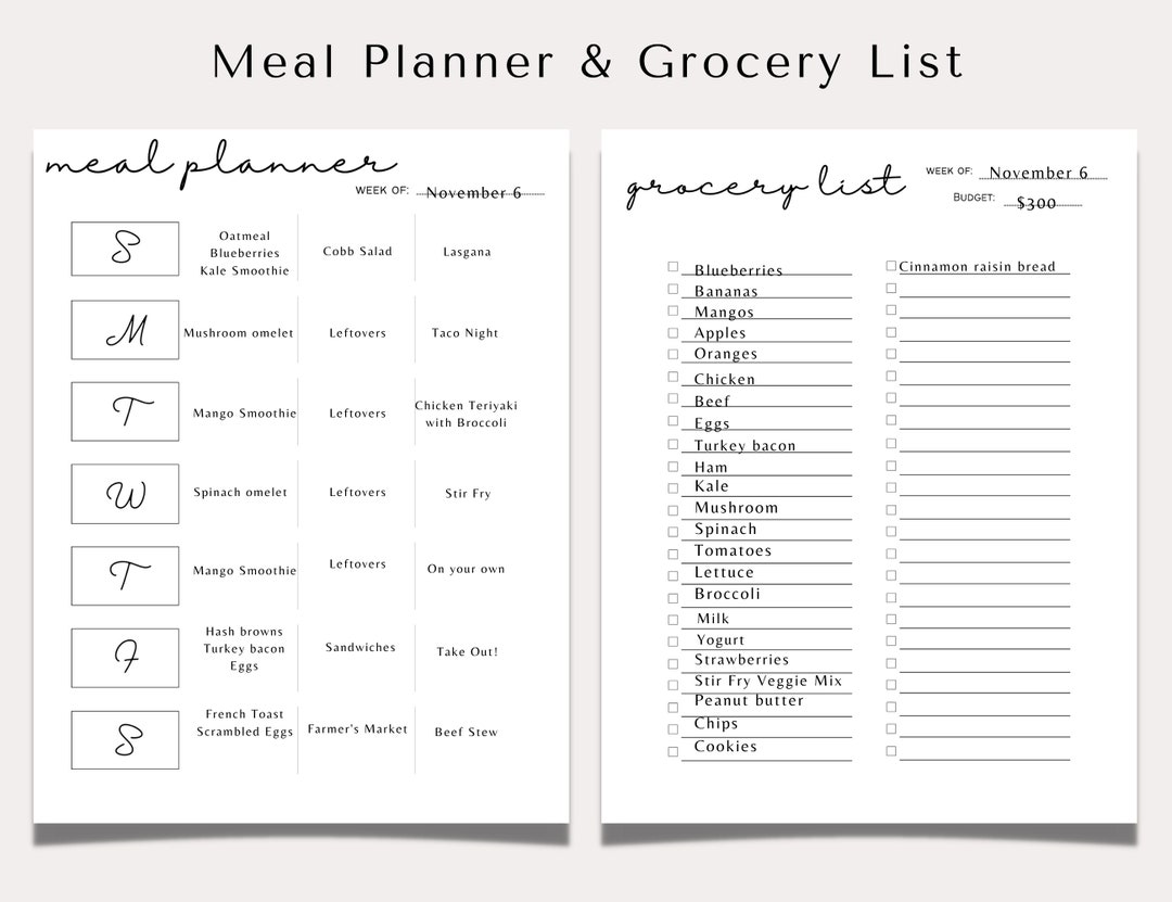 Minimalist Weekly Meal Planner Printable | Shopping Grocery List | Meal ...