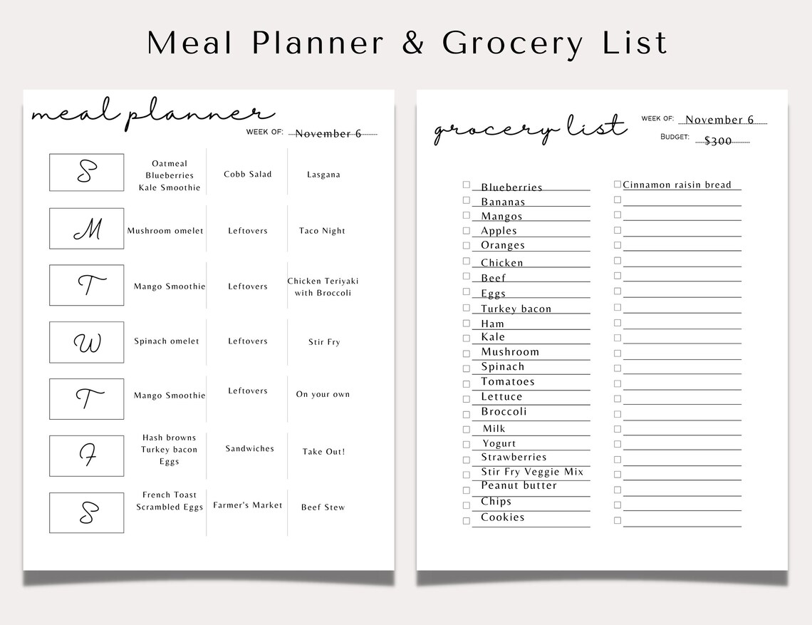 Minimalist Weekly Meal Planner Printable Shopping Grocery List Meal ...