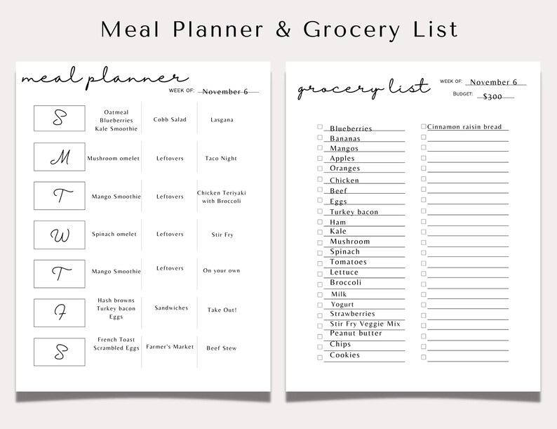 Minimalist Weekly Meal Planner Printable | Shopping Grocery List | Meal ...