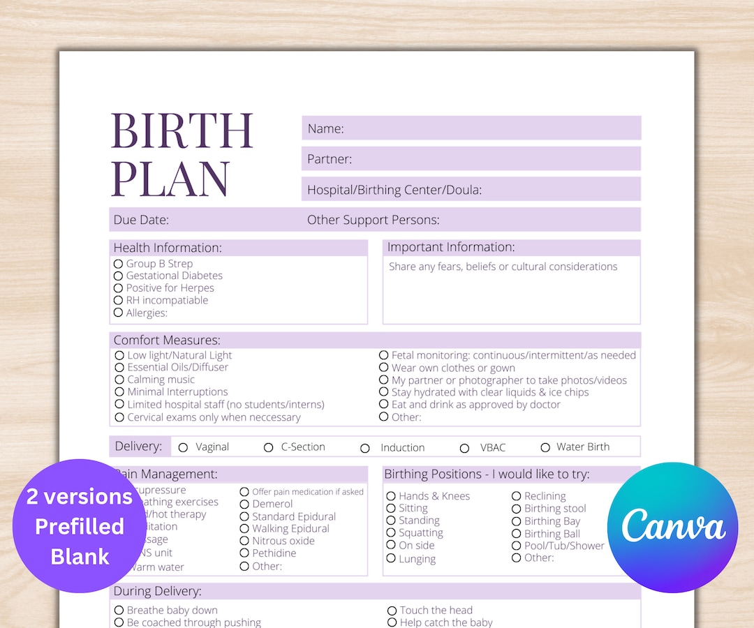 Printable Birth Plan Template | Editable Birth Preference Blank ...