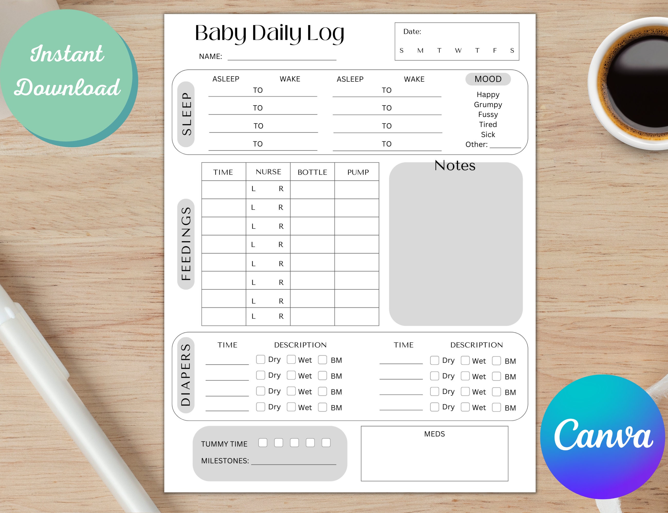 Editable Baby's Daily Log Printable Newborn Tracker Breastfeeding ...