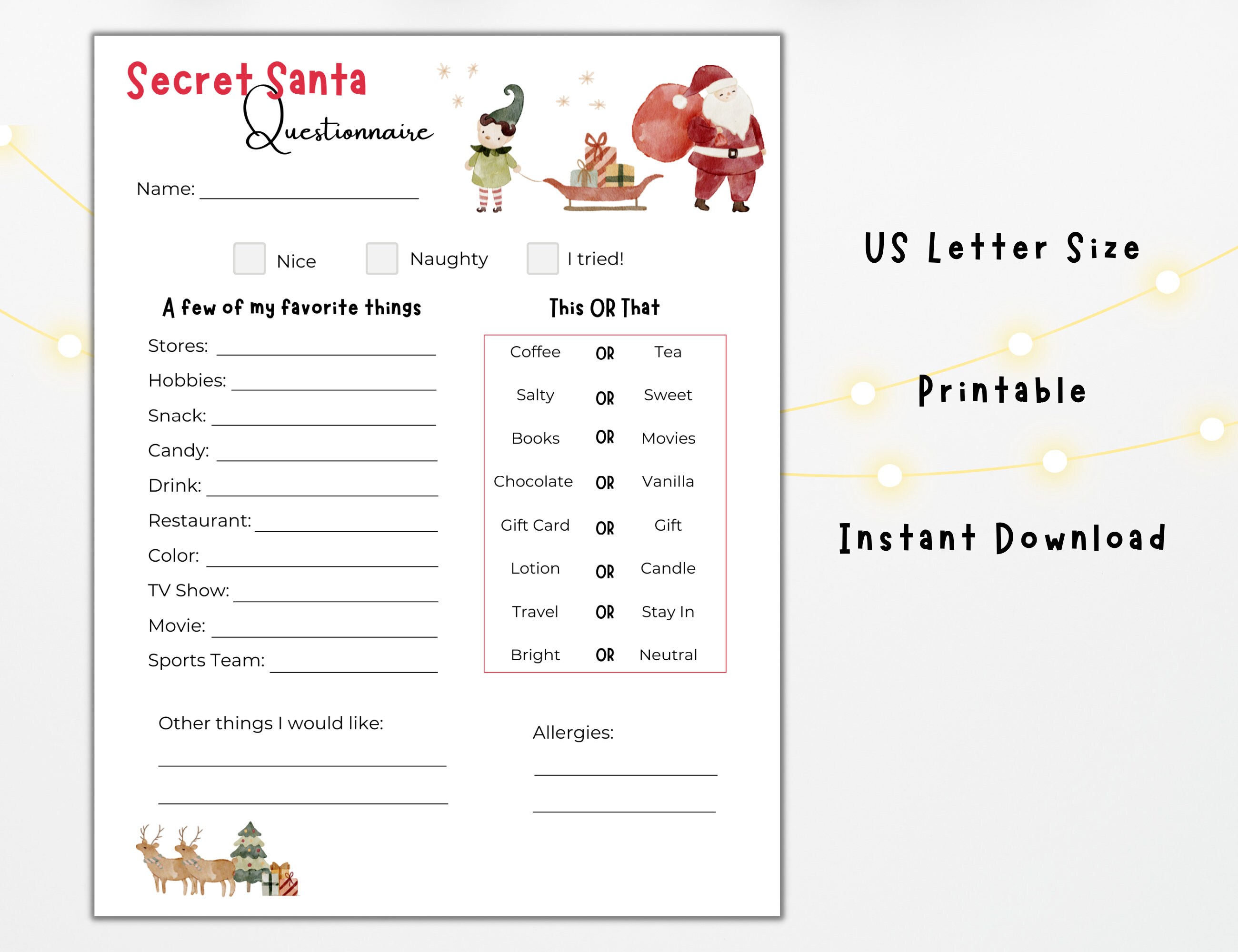 Secret Santa Questionnaire Printable Secret Santa Form Secret Santa ...
