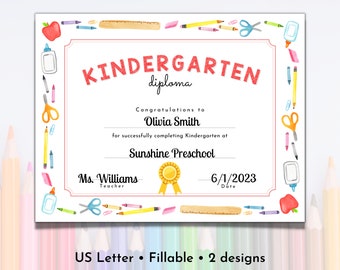 Printable Kindergarten Graduation Diploma Kinder Certificate Editable ...