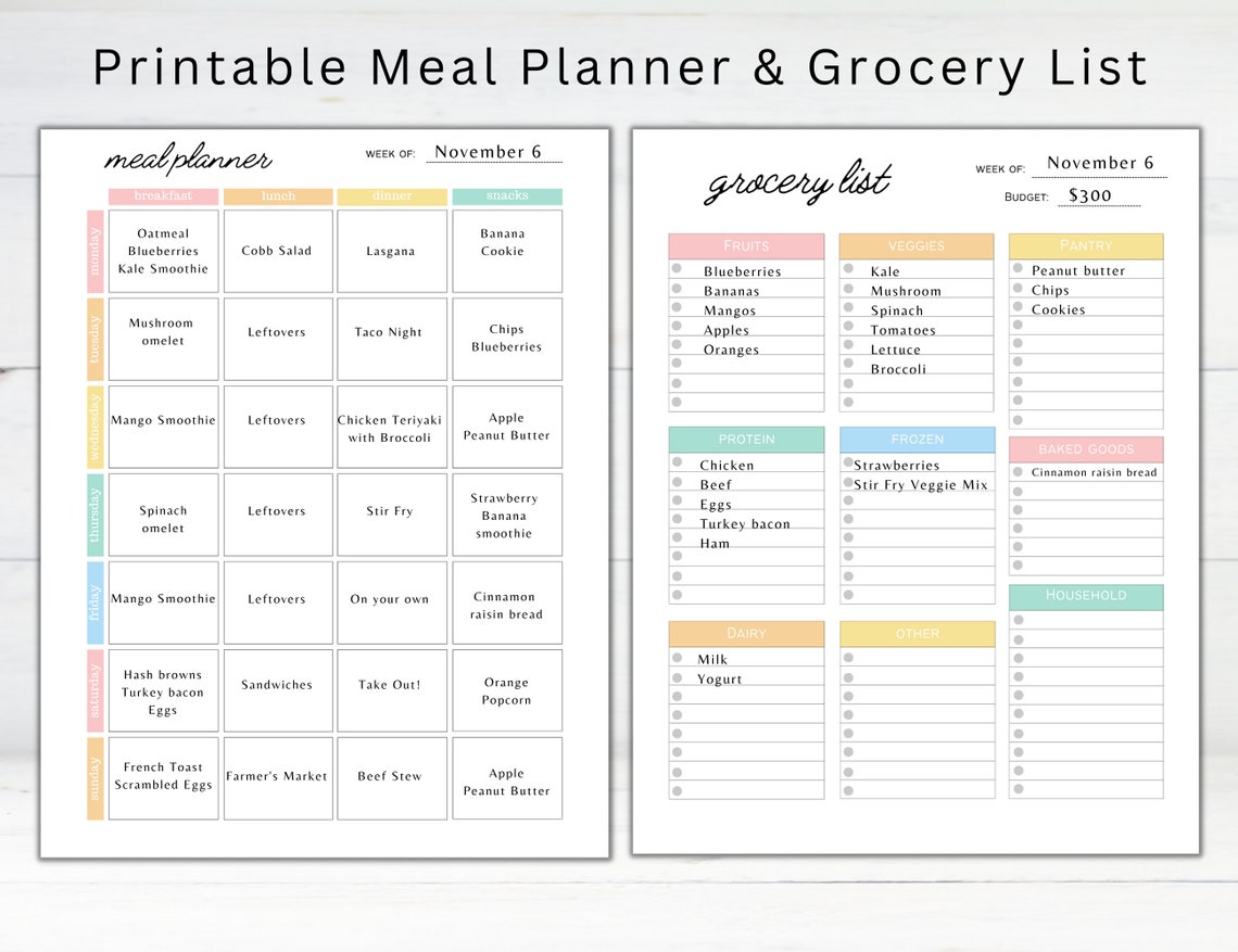 Printable Weekly Meal Planner Printable Grocery List - Etsy