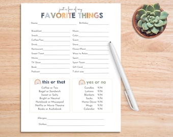 A Few of My Favorite Things Questionnaire | Favorite Things Survey | Co ...