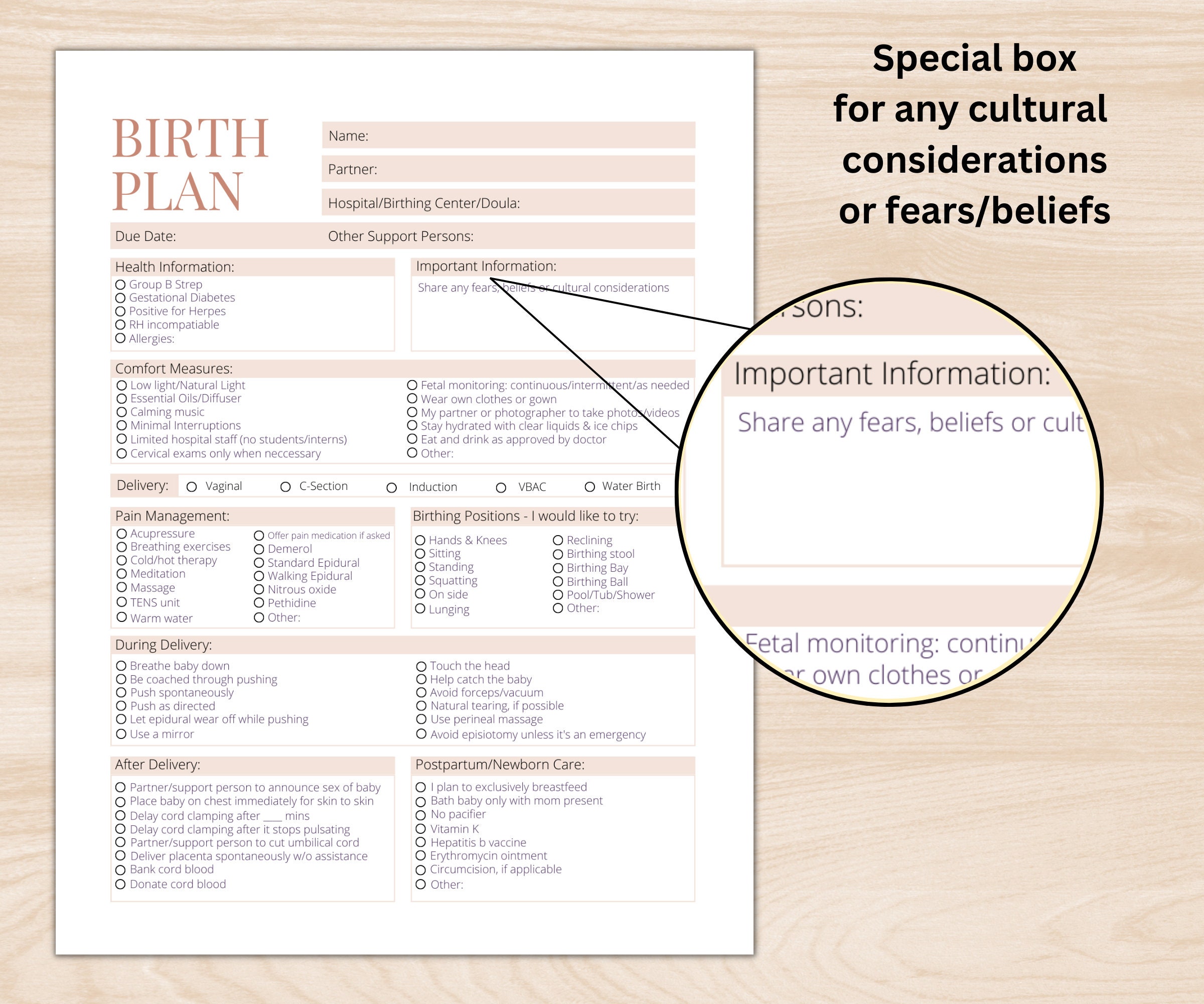 Printable Birth Plan Template | Editable Birth Preference Blank ...