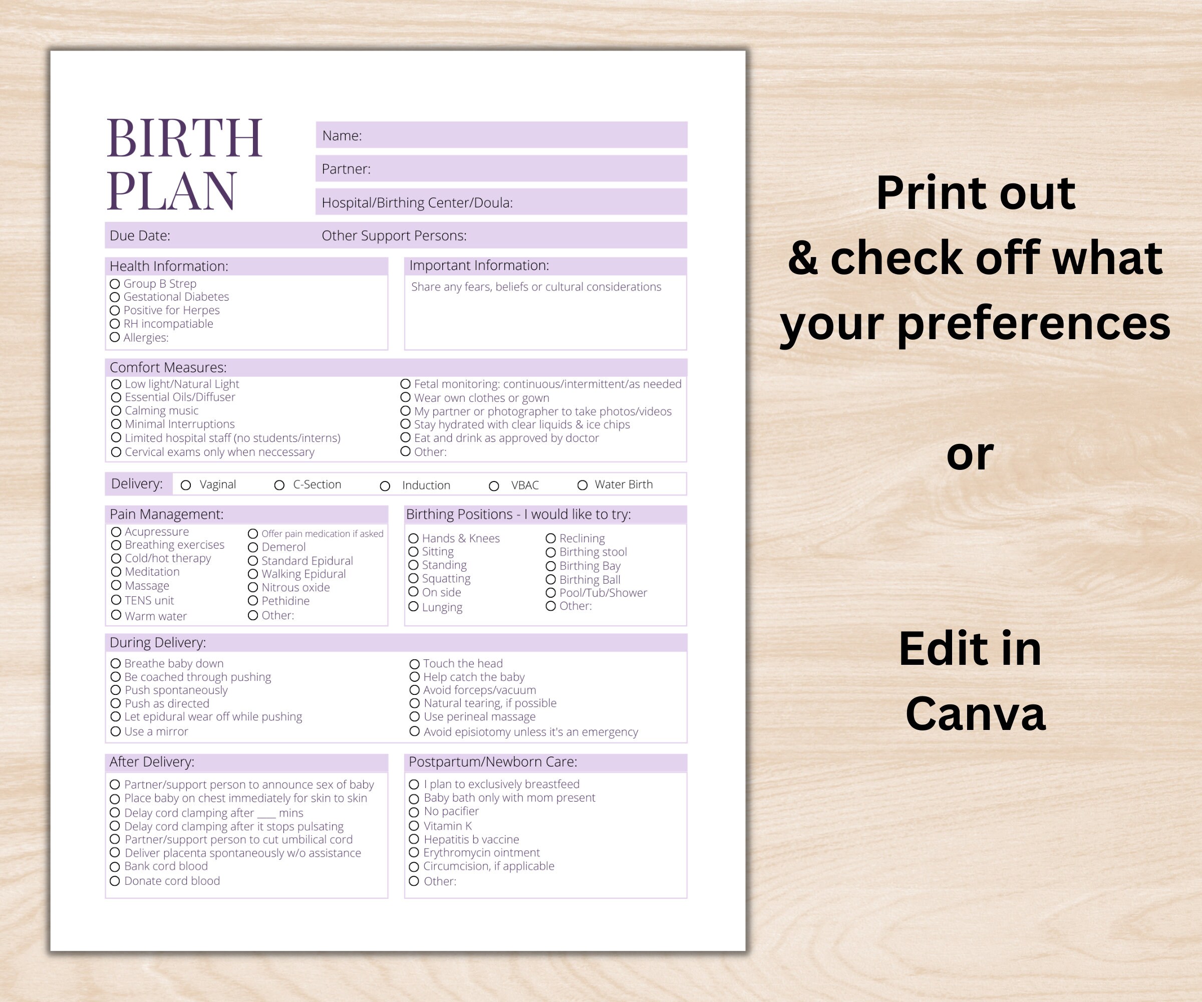 Printable Birth Plan Template Editable Birth Preference - Etsy
