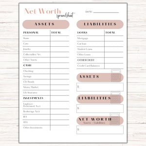 Net Worth Tracker Printable | Net Worth Annual Worksheet | Monthly ...