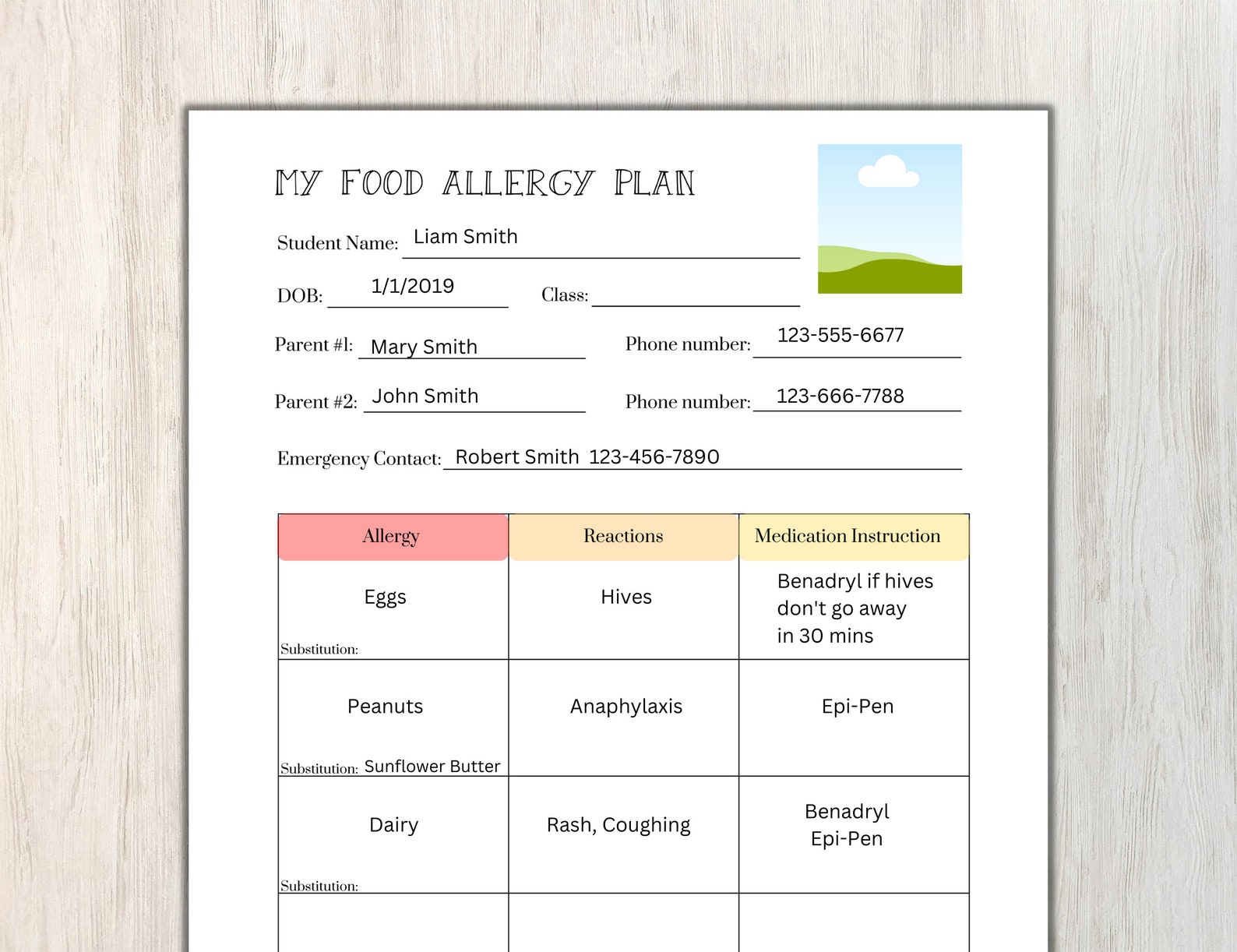 Food Allergy Tracker Form Printable Food Allergy School - Etsy