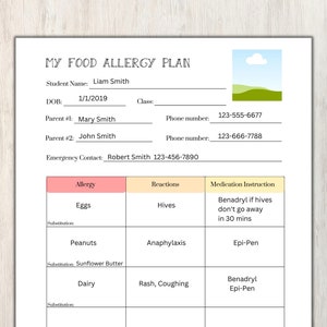 Food Allergy Tracker Form Printable Food Allergy School - Etsy