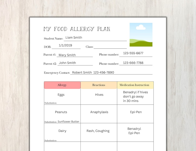 Food Allergy Tracker Form Printable Food Allergy School - Etsy