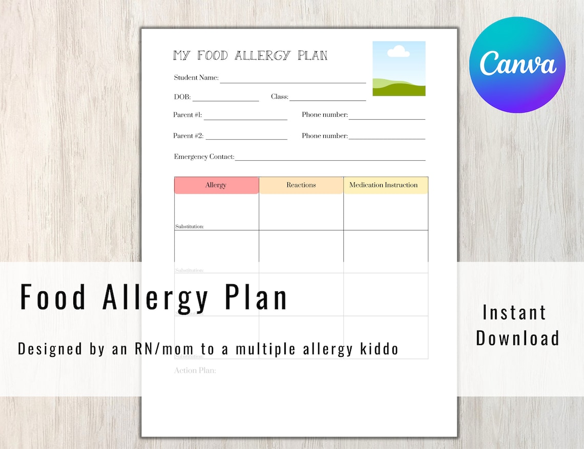 Food Allergy Tracker Form Printable Food Allergy School - Etsy