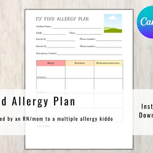 Food Allergy Tracker Form Printable Food Allergy School - Etsy