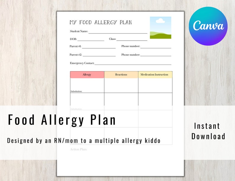 Food Allergy Tracker Form Printable Food Allergy School - Etsy